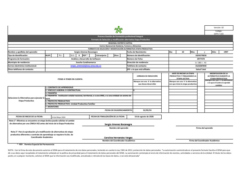 3.1. Gfpi-F-165 v2 Seleccion Modificacion Alternativa Etapa Productiva (22agt23) | PDF ...