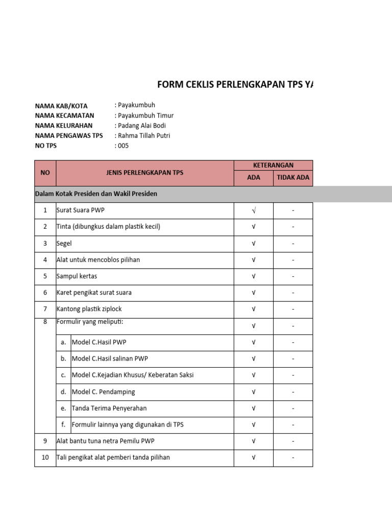 Form Ceklis Perlengkapan Pemungutan Suara | PDF