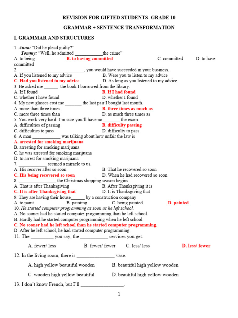 Grammar + Sentence Transformation (Keys) | PDF | Robot | Robotics