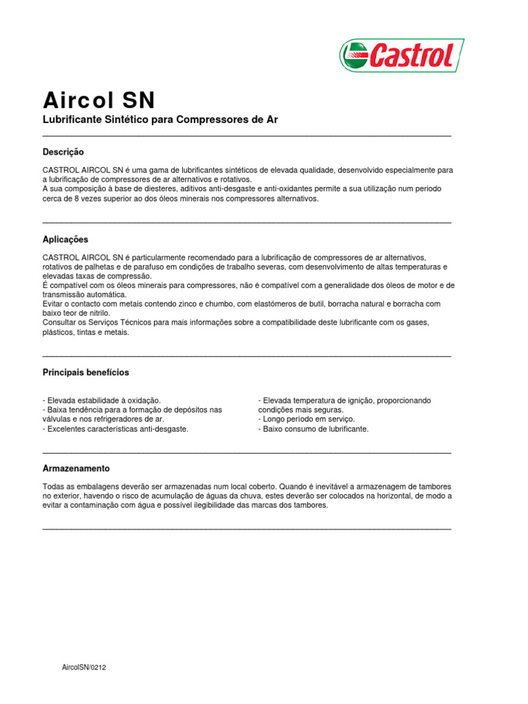 Lubrificante Aircol SN para Compressores | PDF