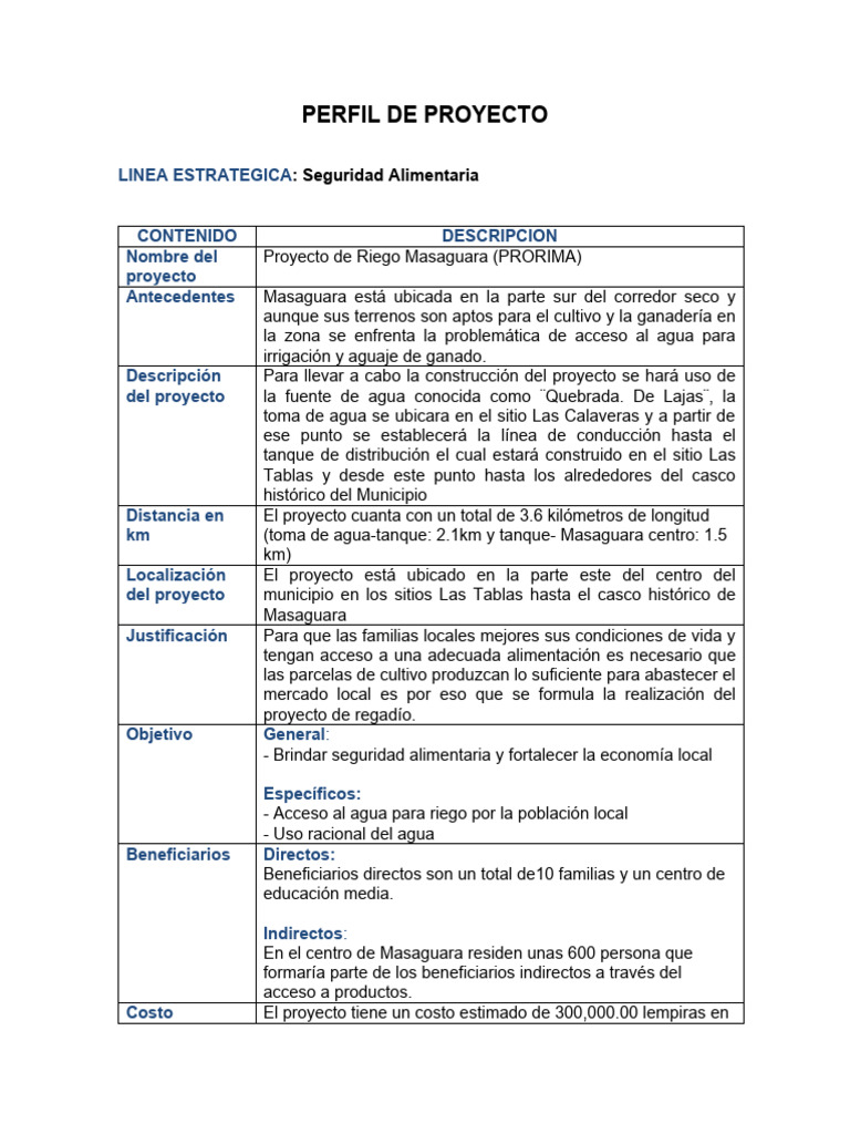 Perfil de Proyecto | PDF | Riego | Agua