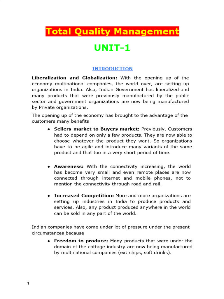 TQM Unit-I Notes | Download Free PDF | Statistics | Sampling (Statistics)