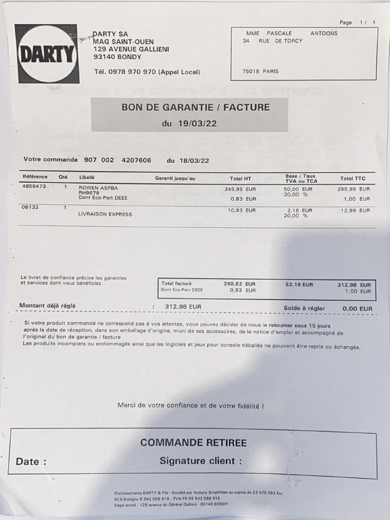 Facture Darty | PDF