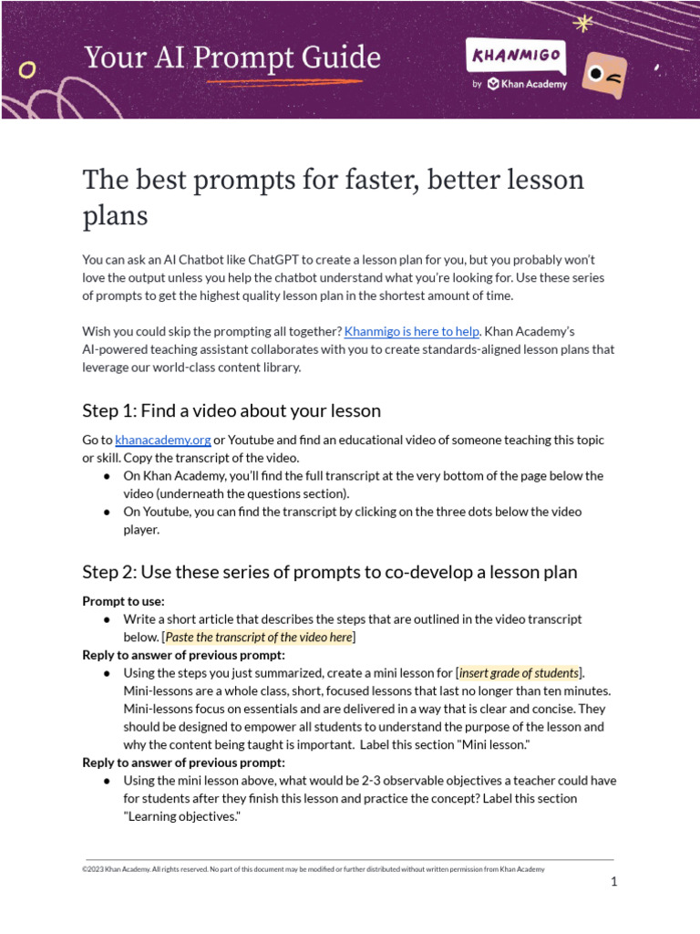 Free Guide The Best Prompts For Faster Better Lesson Plans Khan Academy ...