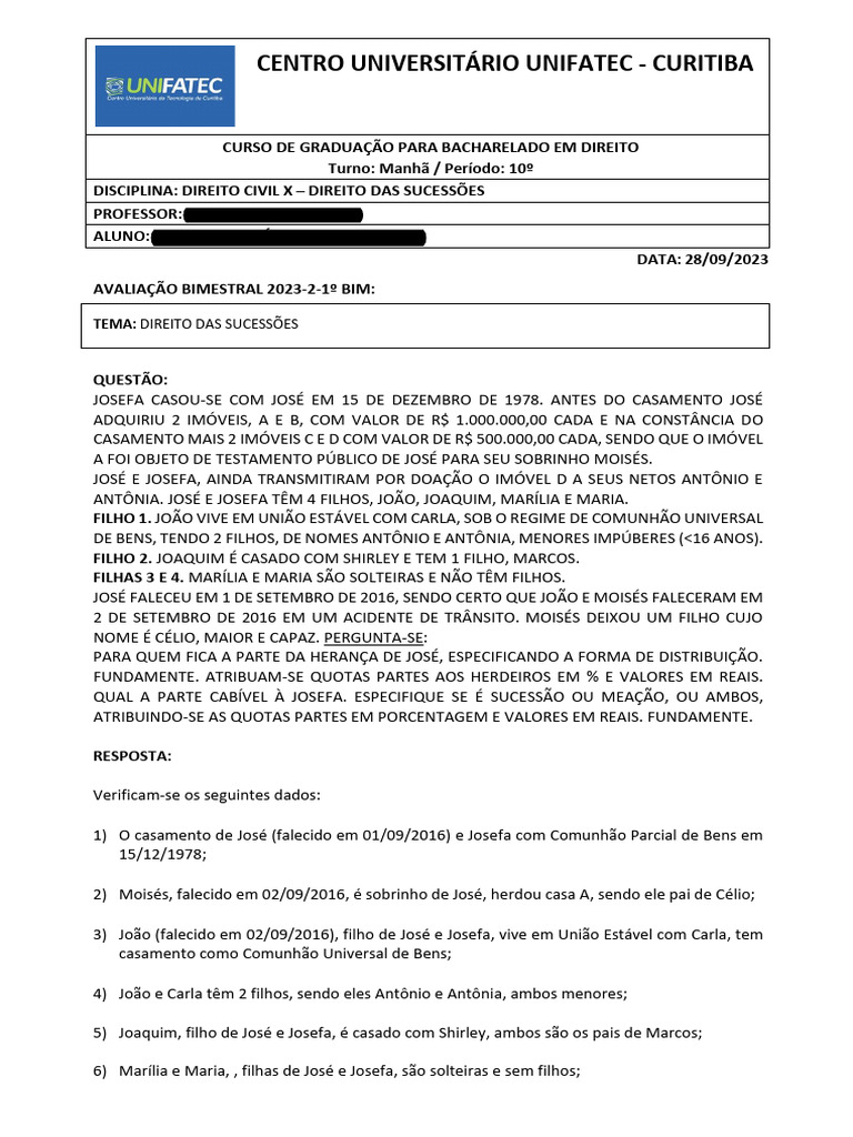 Prova Direito Das Sucessões - 1º. BIM - 2023 - SEMESTRE 2 | PDF ...