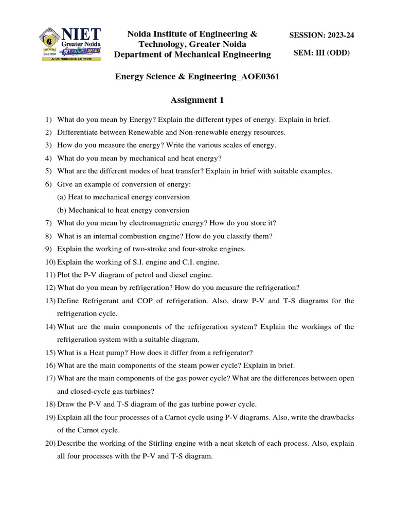 Energy Science & Engineering Assignment | PDF