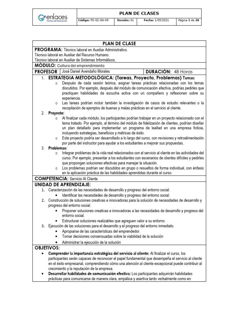 Plan de Clases José Daniel Avendaño Servicio Al Cliente | PDF | Gestión del tiempo | Habilidades ...