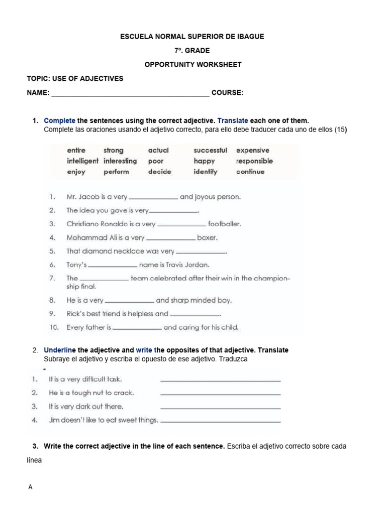 OPPORTUNITY WORKSHEET NO. 1 7o. GRADE | PDF