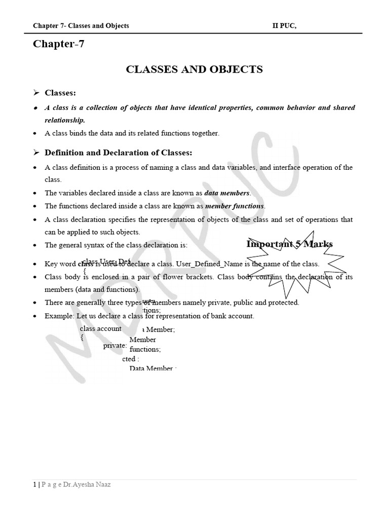 Chapter 7 Classes And Objects Pdf Class Computer Programming Method Computer Programming