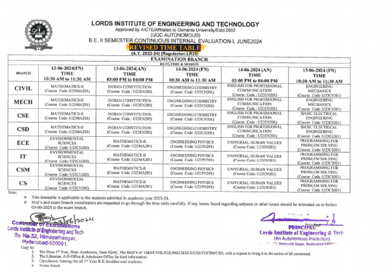 Revised Time Table For B.E II-SEM (LR23) (AUTONOMOUS) (A.Y.2023-24) CIE 1, JUNE 2024 | PDF