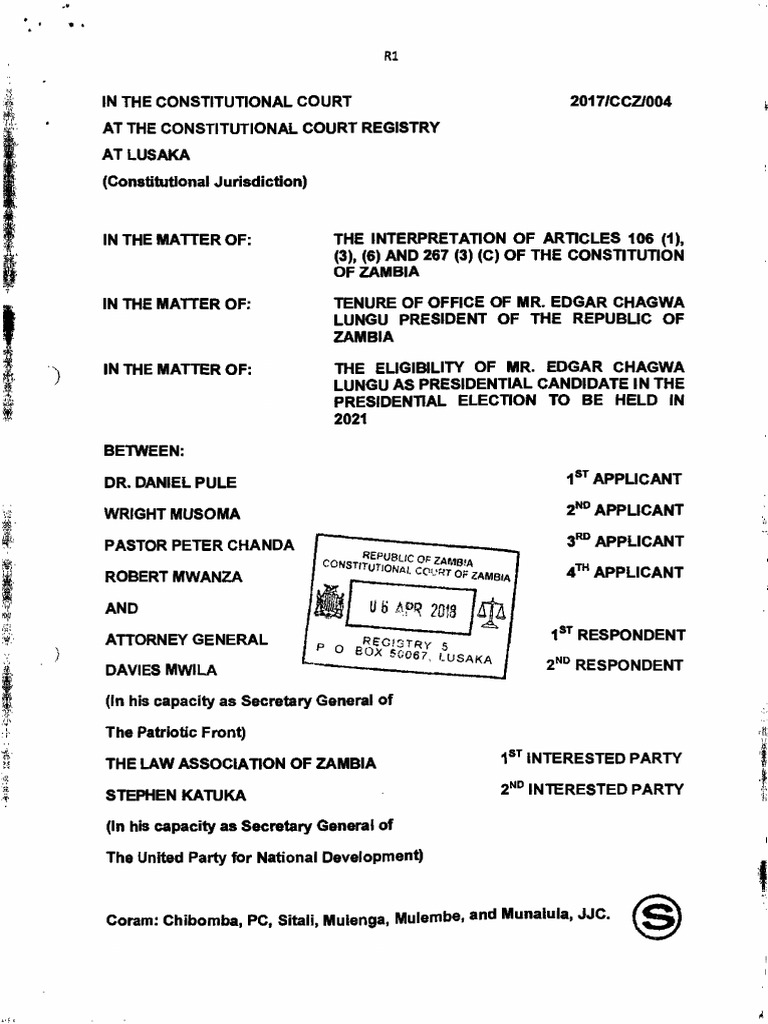 Daniel Pule 3 Others vs Attorney General Davies Mwila Apr 2018ocr | Download Free PDF | Judge ...