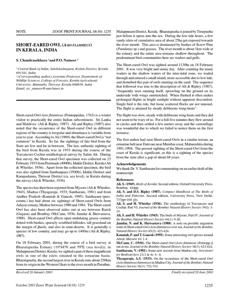 Chandrasekhara and Nammer 2003 | PDF | Birds | Holarctic Birds