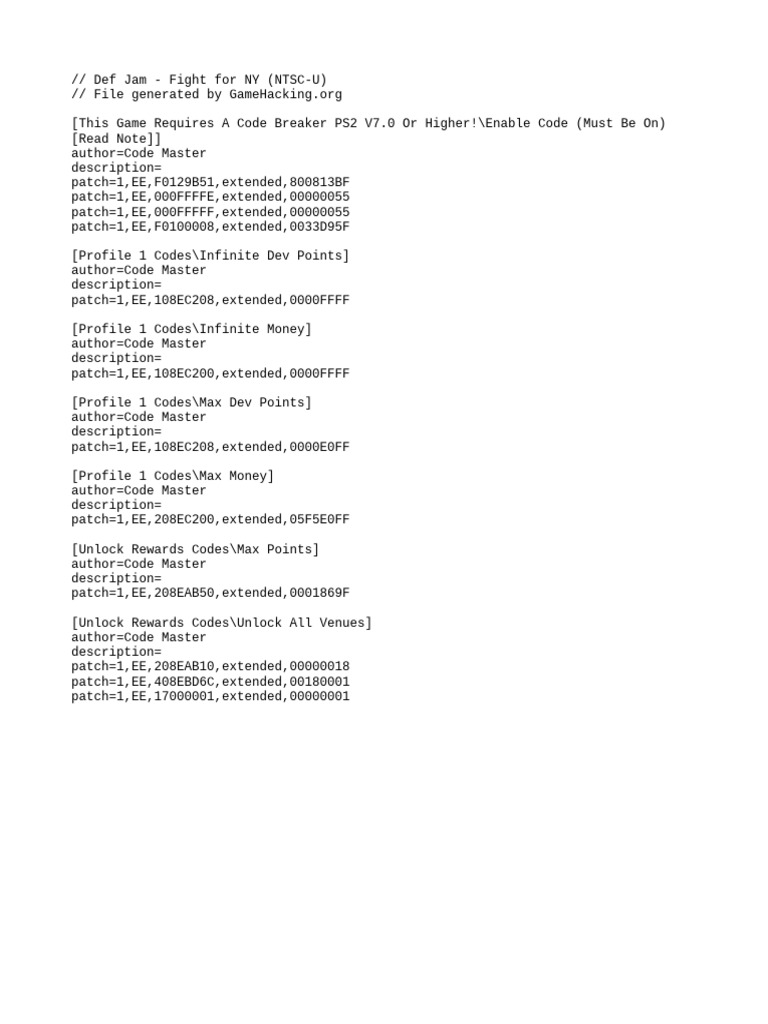 Def Jam Fight for NY Cheat Codes | PDF