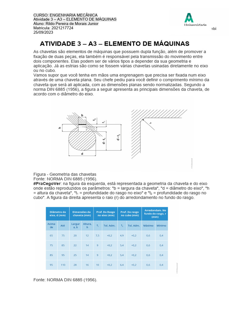 Atividade 3 - A3 - Elementos de Máquinas | PDF | Engenharia Mecânica