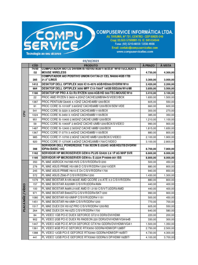 Tabela Compuservice Informática | PDF | Hdmi | Computer Monitor