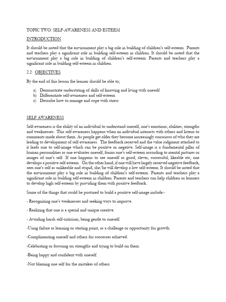 Self-Awareness and Esteem | PDF | Self Esteem | Self Awareness