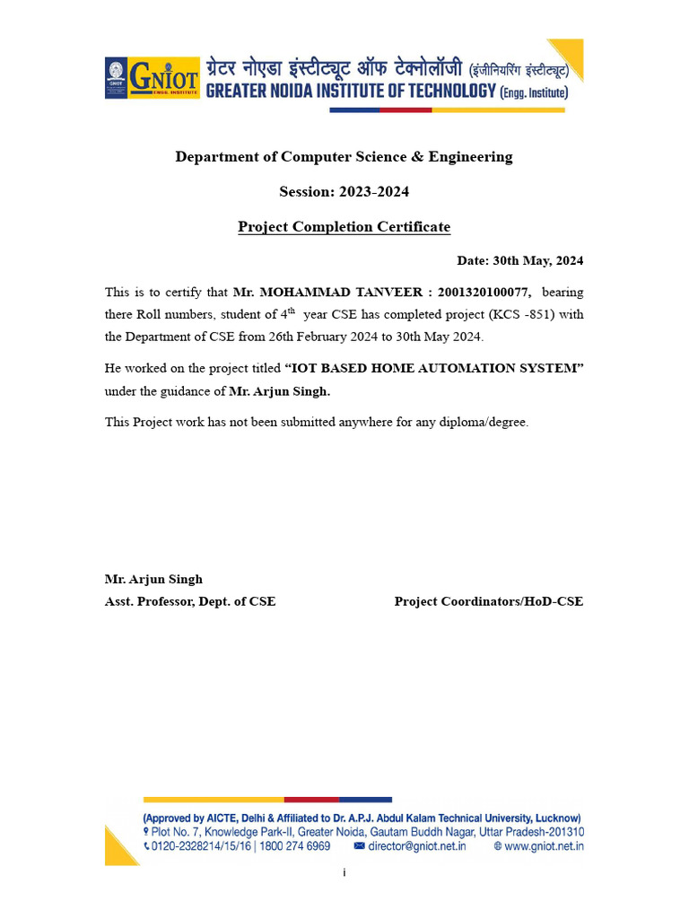 IoT Home Automation Project Certificate | PDF