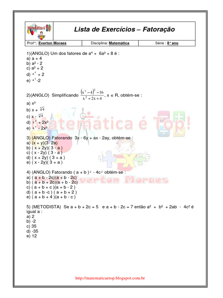 Exercicios De Fatoracao Pdf Com Gabarito