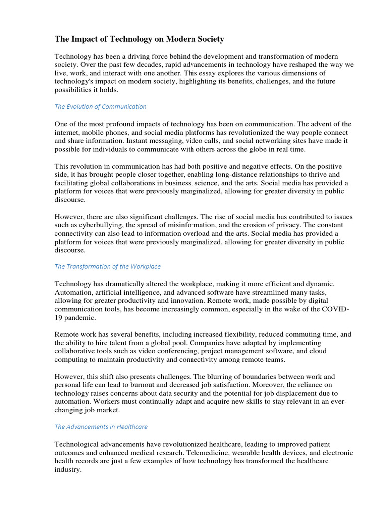 The Impact of Technology on Modern Society | PDF | Educational ...