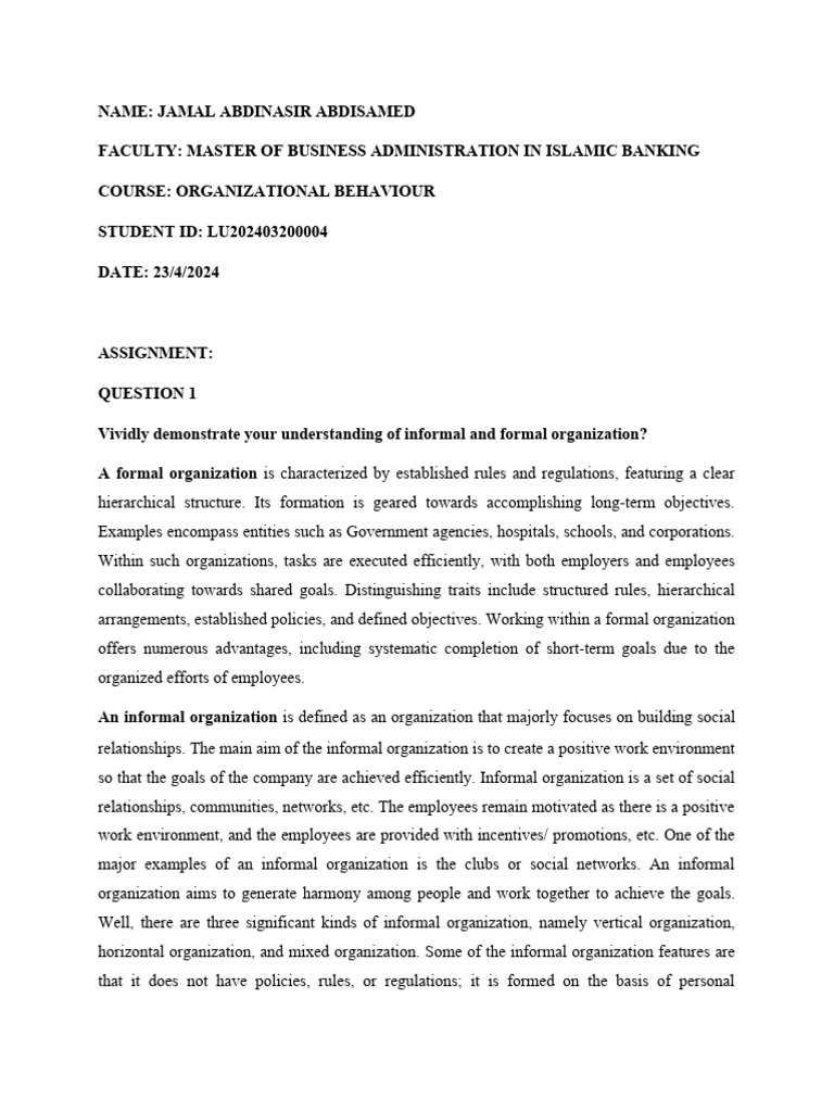 Organizational Behaviour Assignment | PDF | Goal | Hierarchy