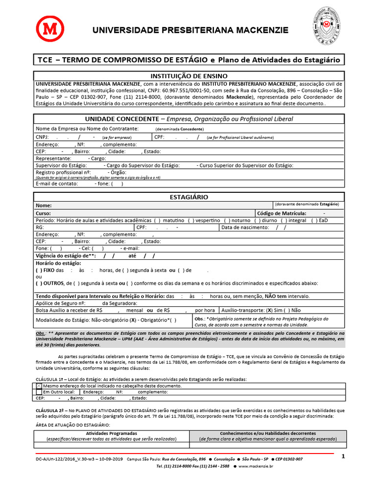 TCE - Termo de Compromisso de Estágio CONCEDENTE v30 | PDF | Estágio ...