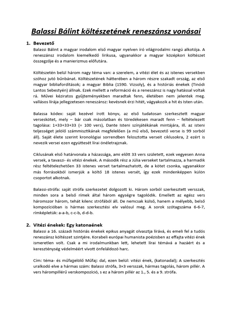 Balassi Bálint Költészetének Reneszánsz Vonásai | PDF