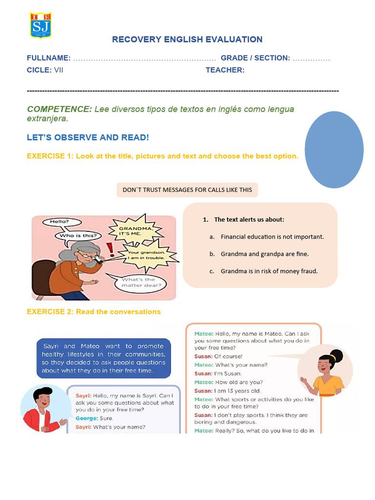 Examen de Recuperación-English Evaluation-4th | PDF