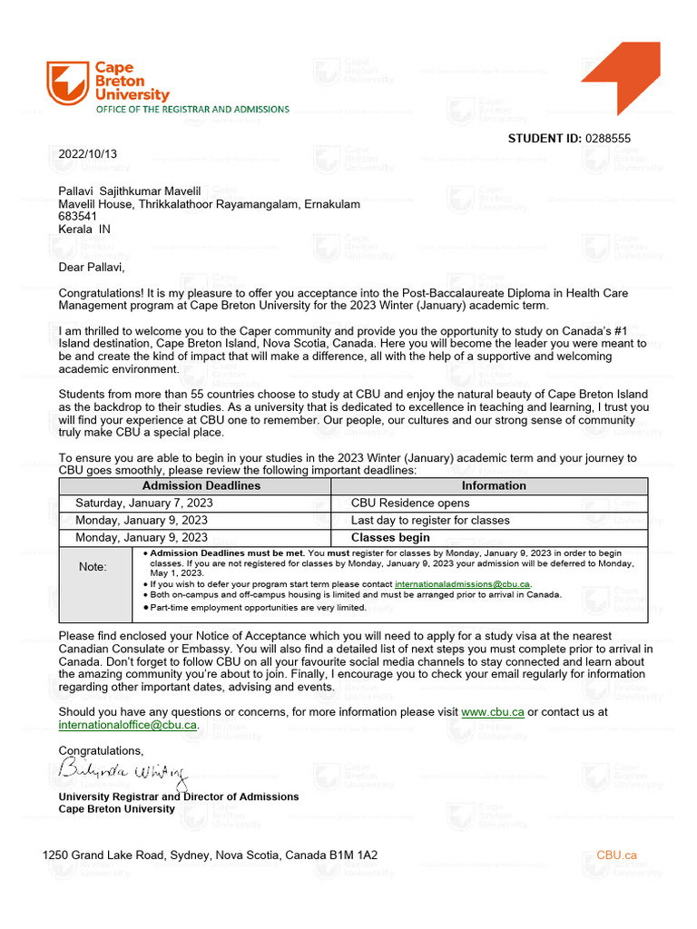CBU Acceptance Letter for Health Care Diploma | PDF | Tuition Payments ...