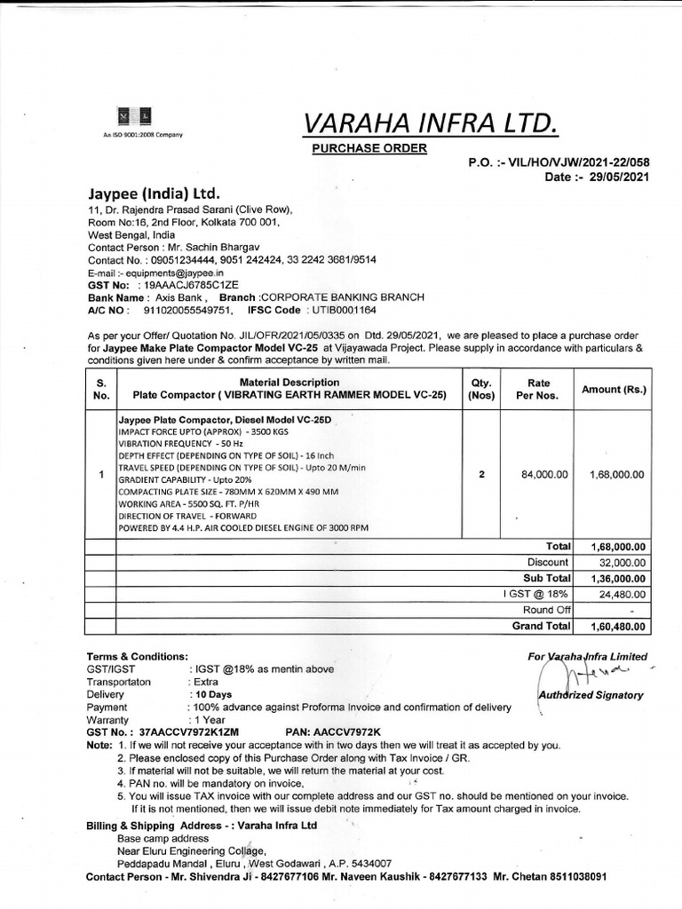 PO 58 Jaypee India LTD of Plate Compactor at Vijayawada Eluru Site | PDF