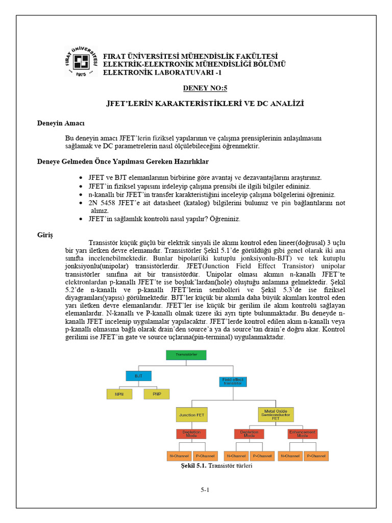 Deney-5 Jfet’Leri̇n Karakteri̇sti̇kleri̇ Ve Dc Anali̇zi̇ | PDF