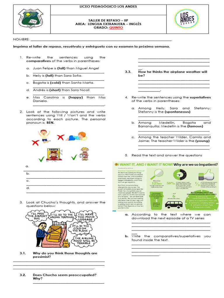 Taller de Repaso: Gramática 5to Grado | PDF | Grammar | Syntactic ...