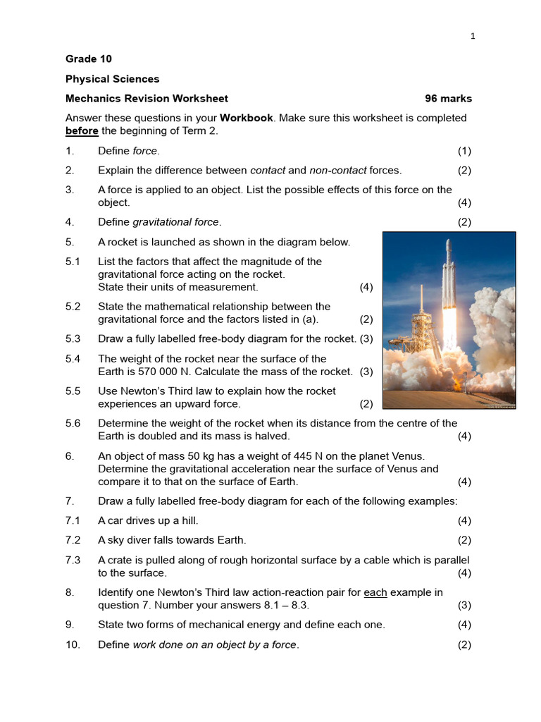 Grade 10 Revision Worksheet Mechanics | PDF | Force | Weight