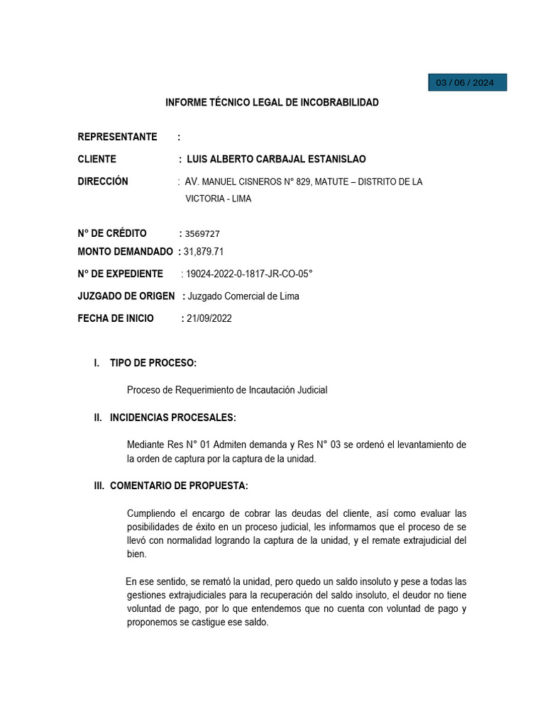 Informe Legal: Incobrabilidad de Deuda | PDF | Judicaturas | Lima