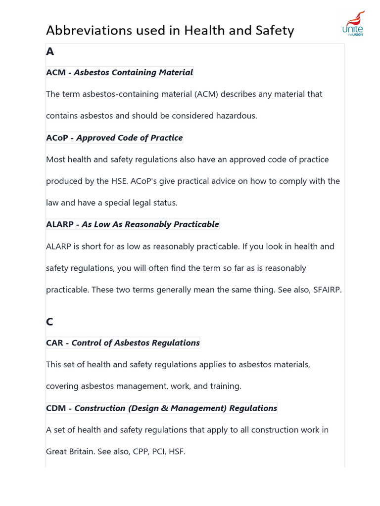 Abbreviations Used in Health and Safety | PDF | Personal Protective ...