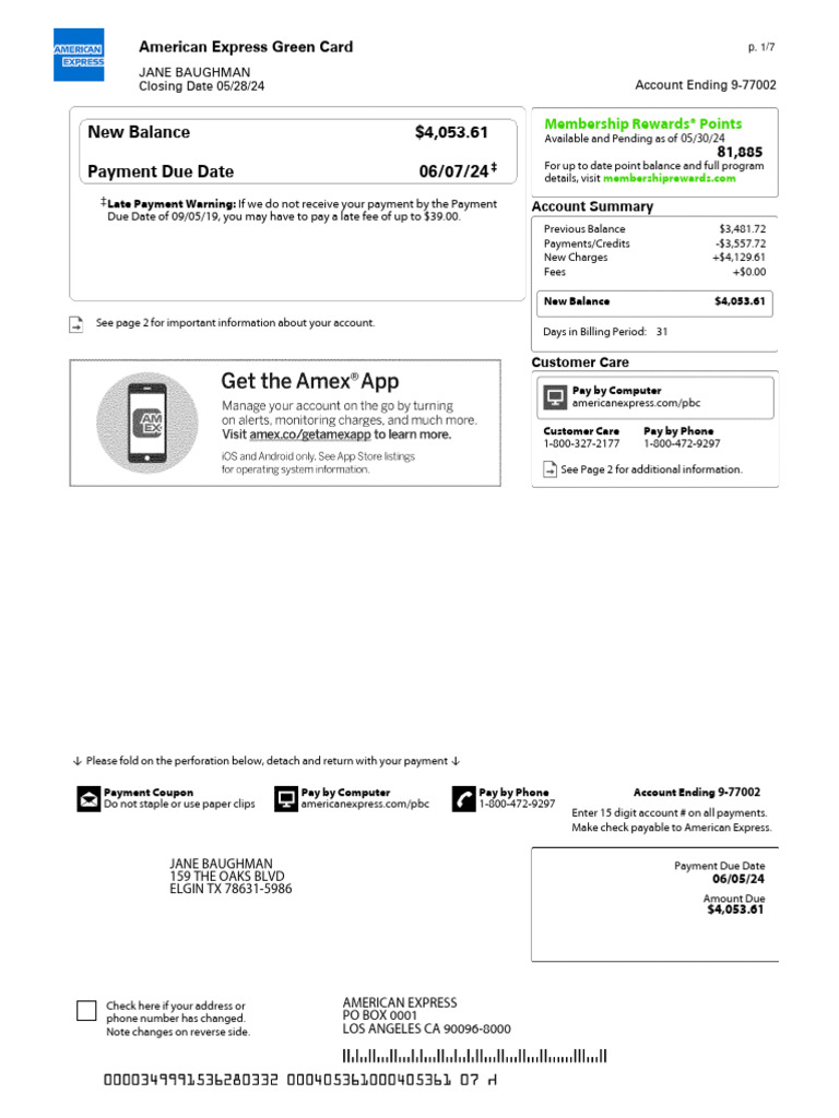 Amex Statement of Account May 2024 | PDF | Cheque | Credit Card