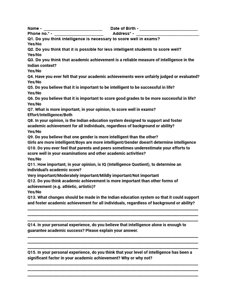 Sociological Questionnaire For IQ and Academic Achievement | PDF ...