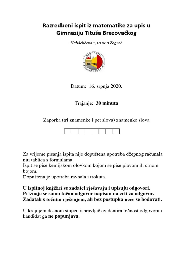 MATEMATIKA - Prijemni Srpanj 2020 | PDF