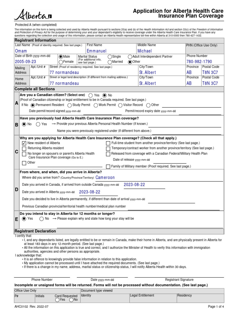 Alberta Health Care Application Form | PDF | Identity Document ...