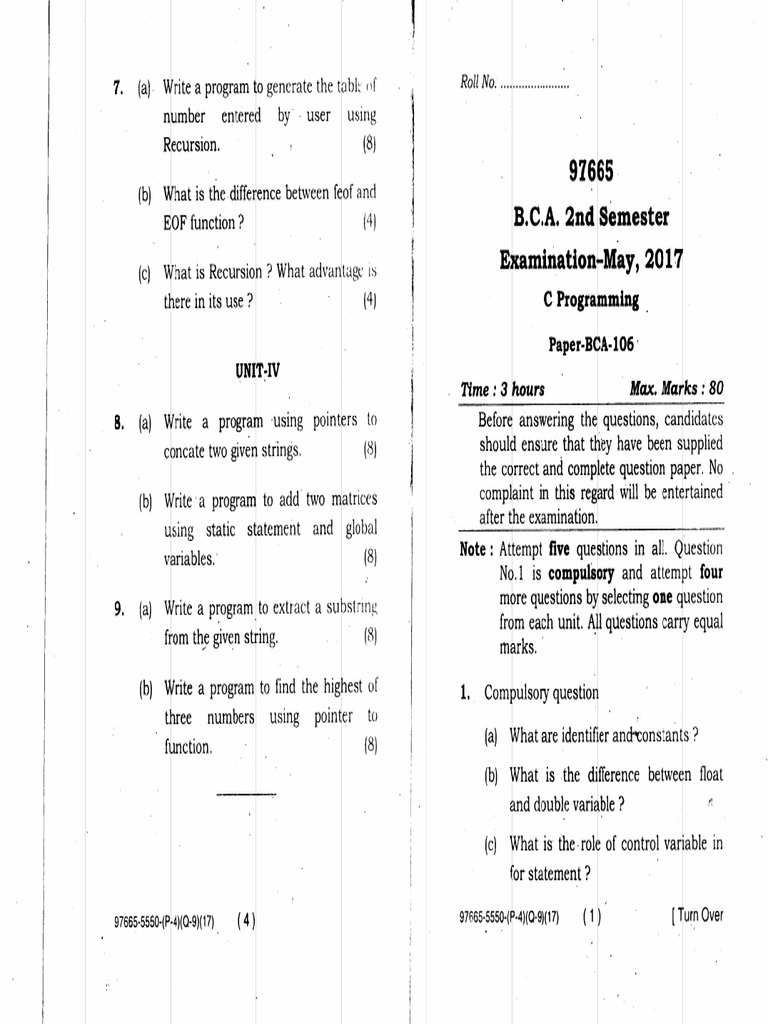 Bca 2 Sem C Programming 97665 May 2017 | PDF