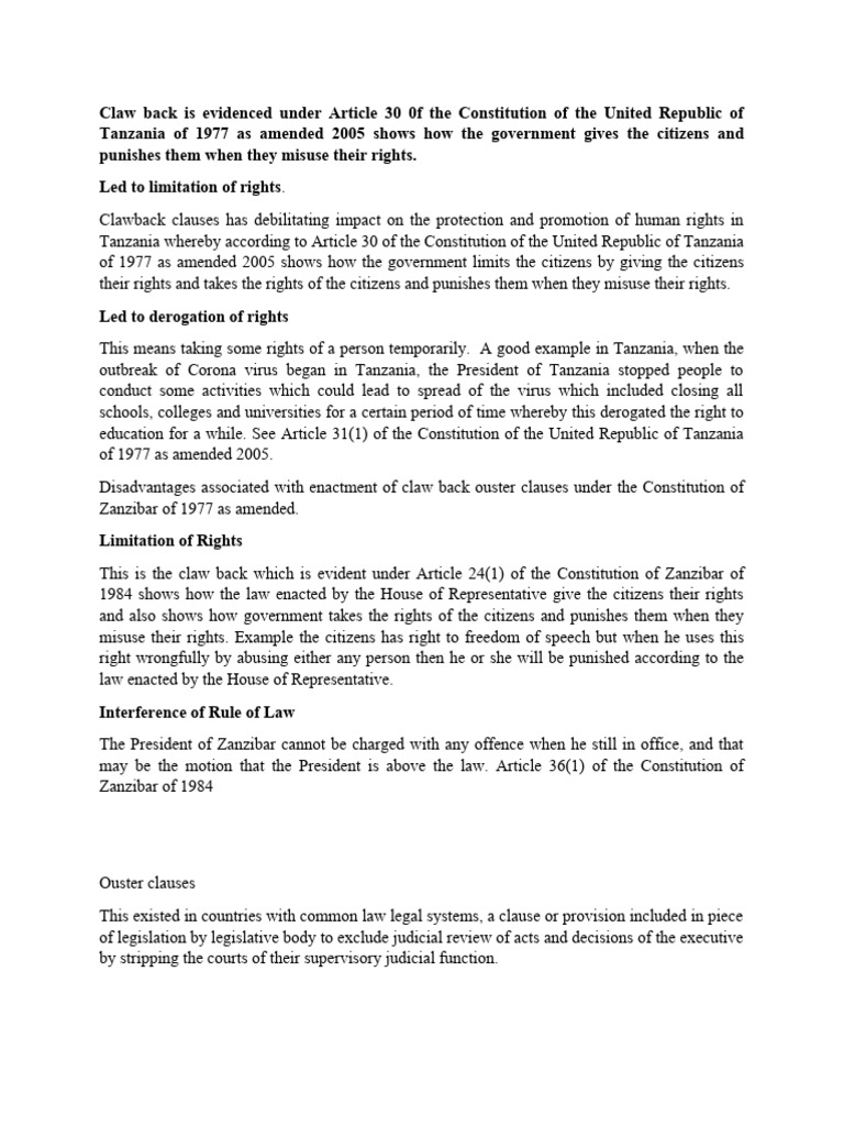 Clawback Clauses in Tanzanian Law | PDF | Separation Of Powers ...