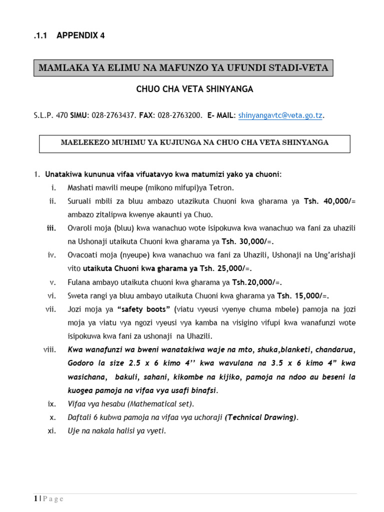 Shinyanga VTC Joining Instructions | PDF