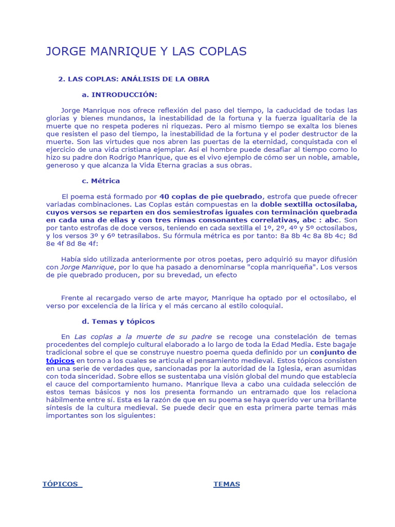 Jorge Manrique Y Las Coplas: 2. Las Coplas: Análisis de La Obra A. Introducción | PDF | Metro ...