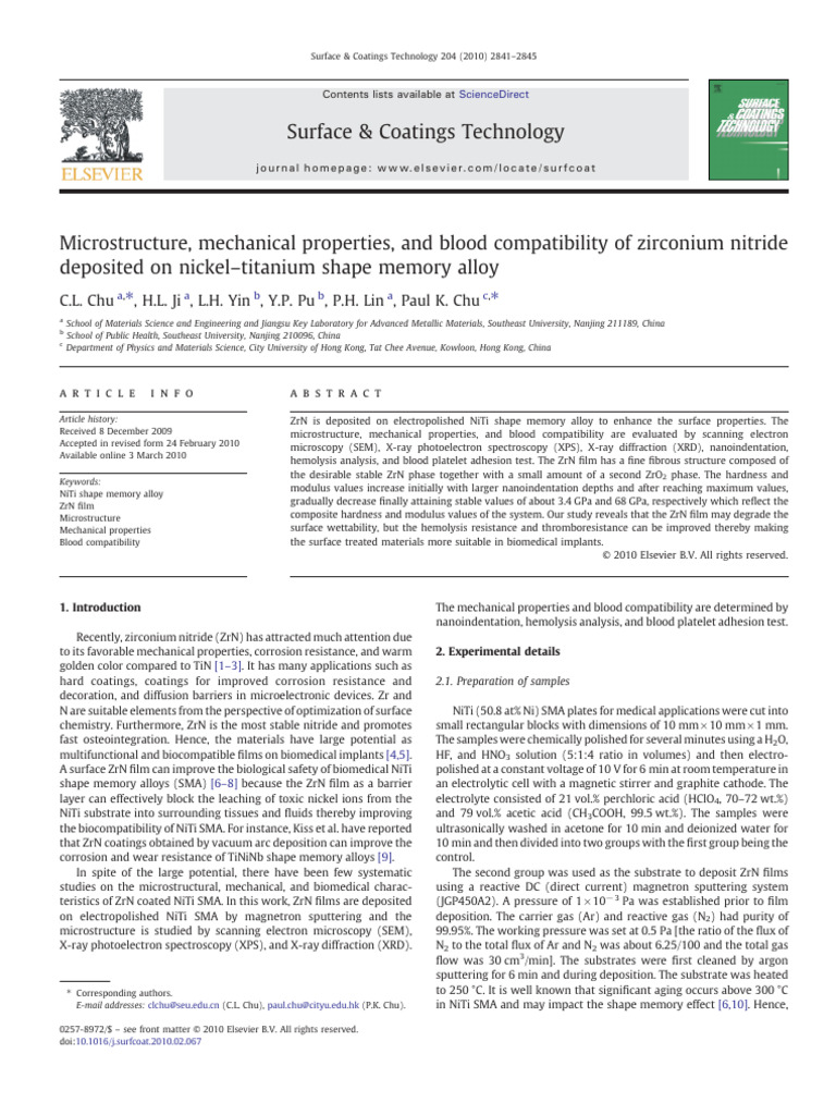 Chu2010-Microstructure, Mechanical Properties, and Blood Compatibility of Zirconium Nitride ...