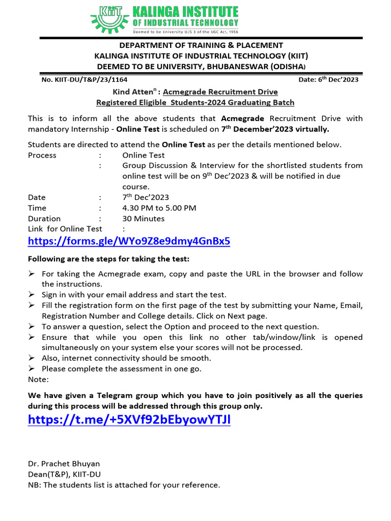 Acmegrade Recruitment Drive Online Test On 7th Dec'2023 For 2024 | PDF