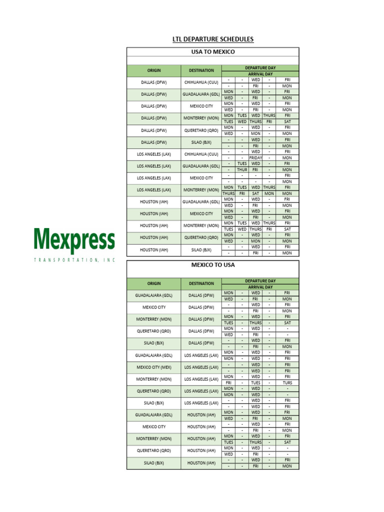 Mexpress LTL Departure Scheudles | PDF