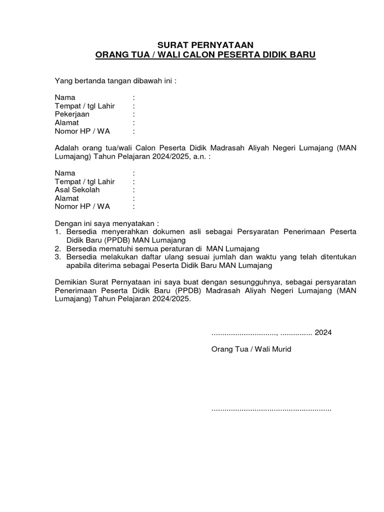 Surat Pernyataan Orang Tua PPDB 2024 2025 | PDF