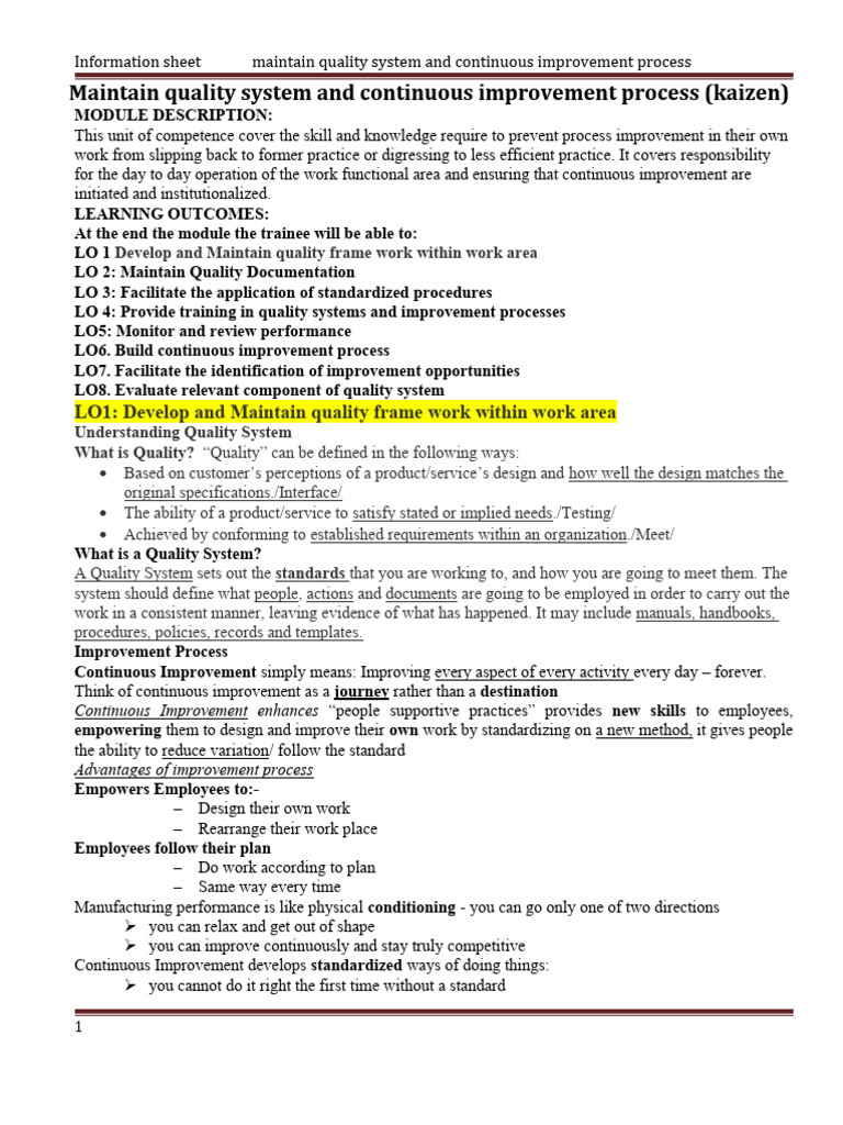 Manage Continuous Improvement System Kaizen DAB 3rd Year Handout | PDF ...