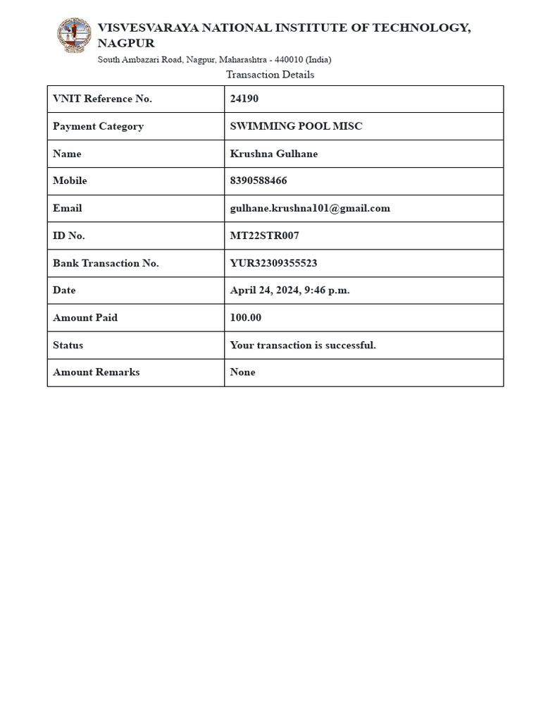 VNIT Nagpur Swimming Pool Payment Details | PDF