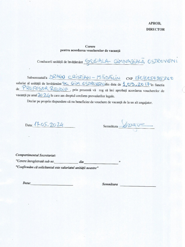 Cerere Voucher Vacanta | PDF