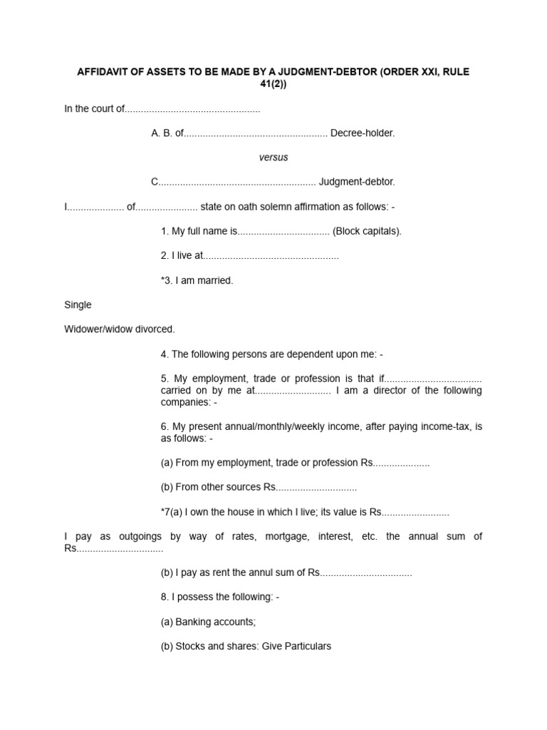 Affidavit of Assets To Be Made by A Judgment-Debtor (Order Xxi, Rule 41 (2) ) | PDF